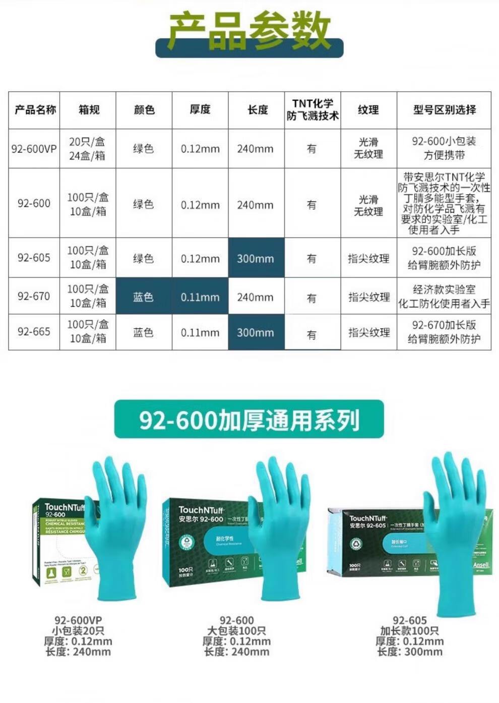 安思尔 丁腈防化手套 92605 L 100只 1盒